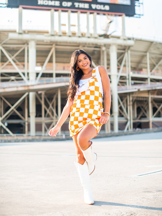 Orange & White Overall Bib Checkerboard Dress – Josie's Boutique